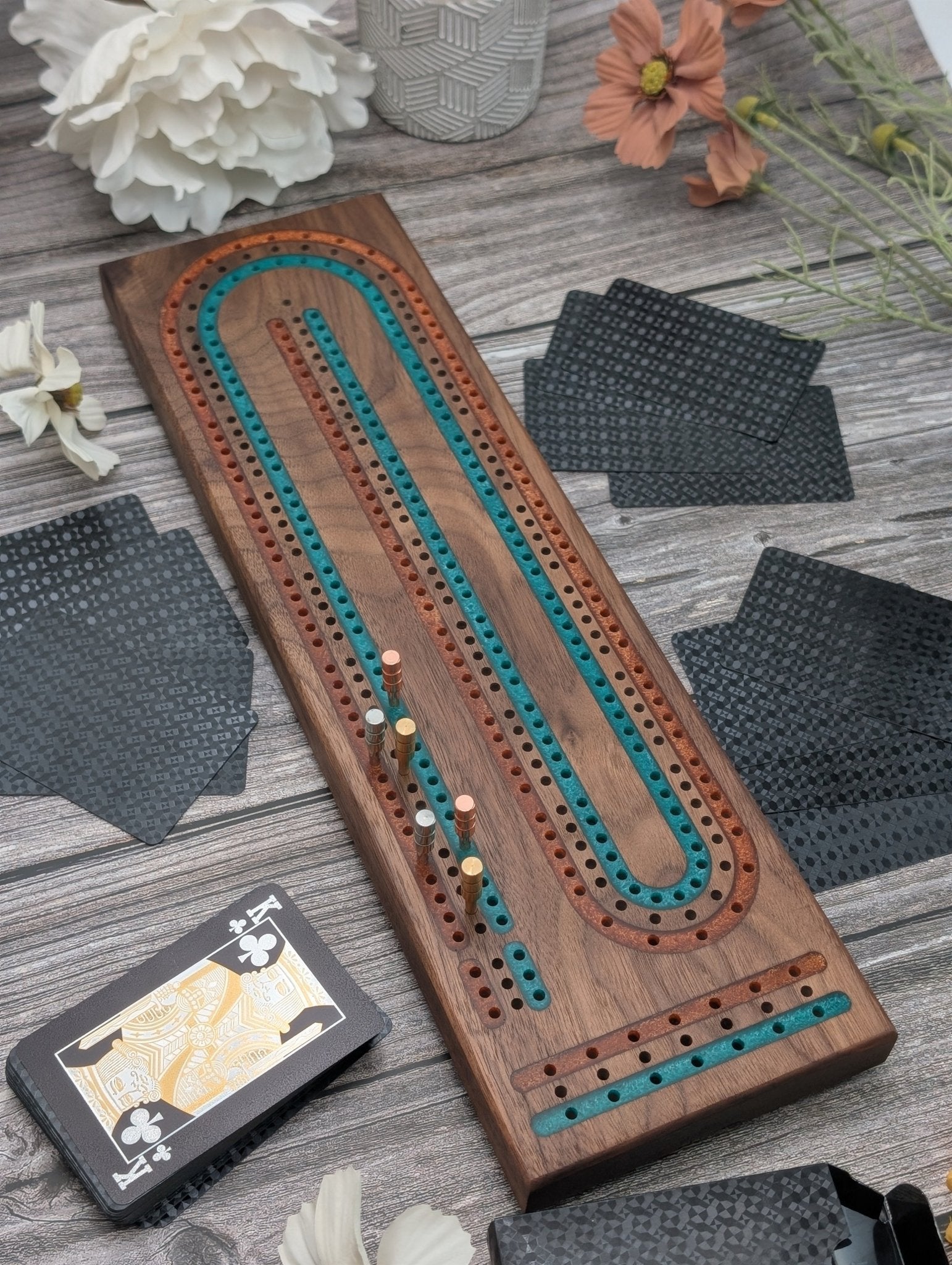 Premium Cribbage Board - Multi Lane Copper and Emerald Inlay