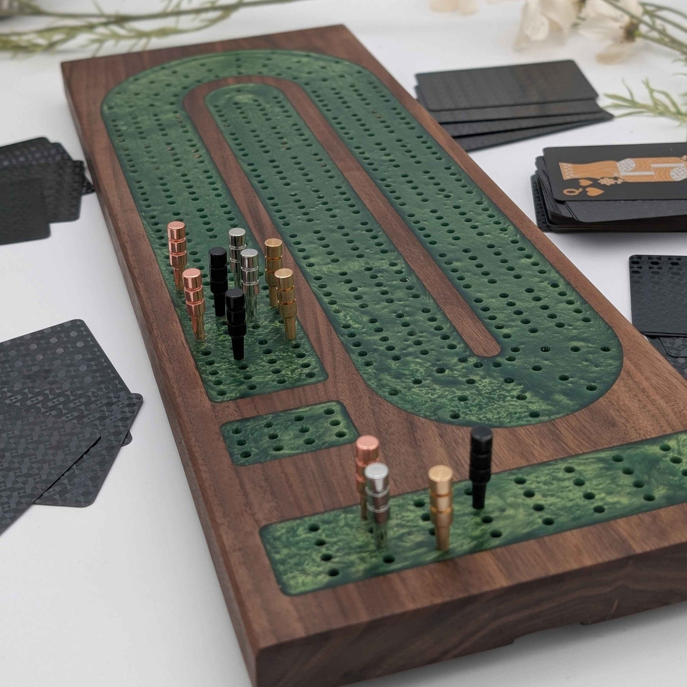 Luxury 4 Lane Cribbage Board - Sage Green Resin Inlay