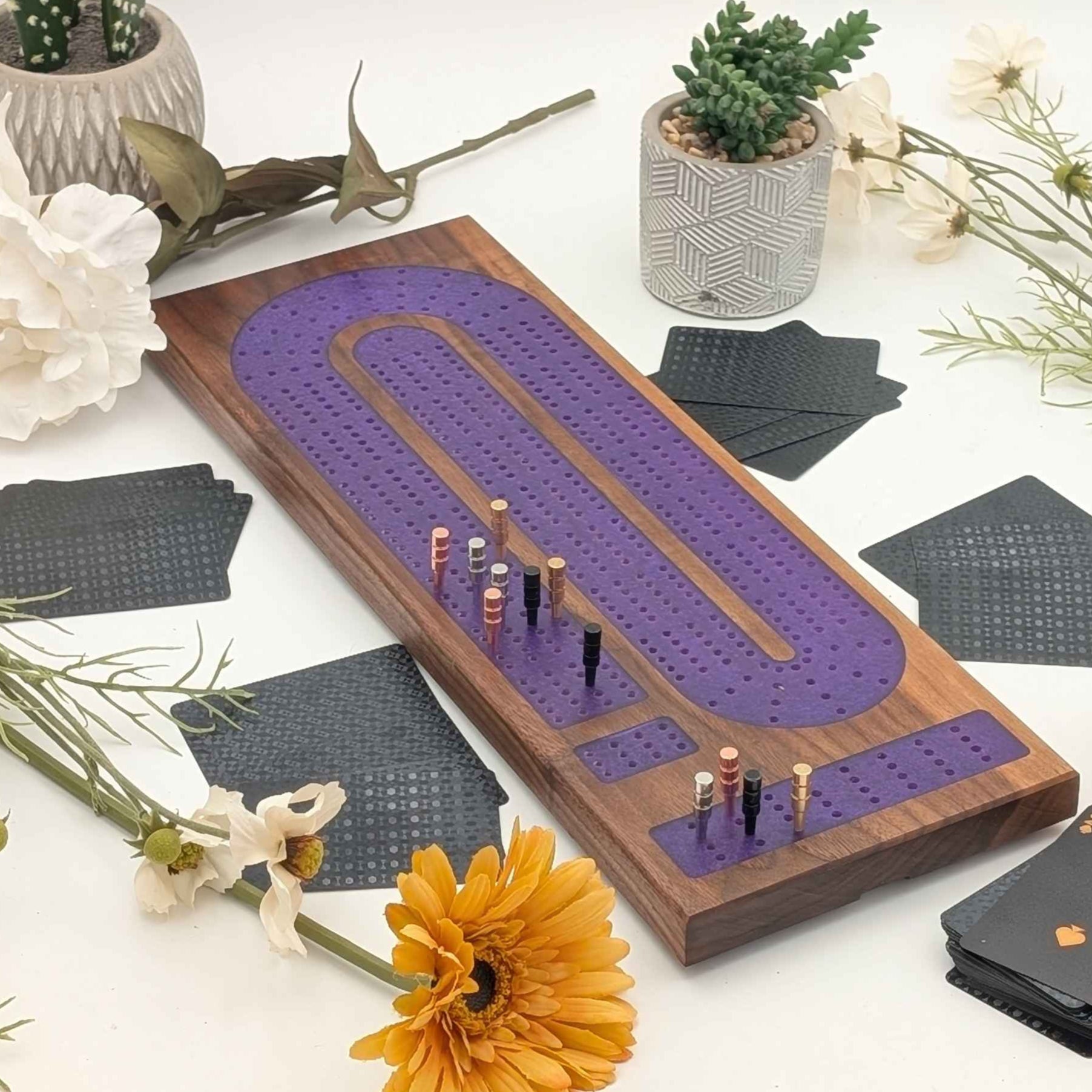 Luxury 4 Lane Cribbage Board - Emerald Resin Inlay